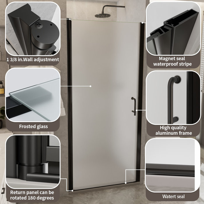 ExBrite 36-37 3/8'' W x 72'' H Pivot Door Frameless Shower Door with Frosted Glass | Wayfair